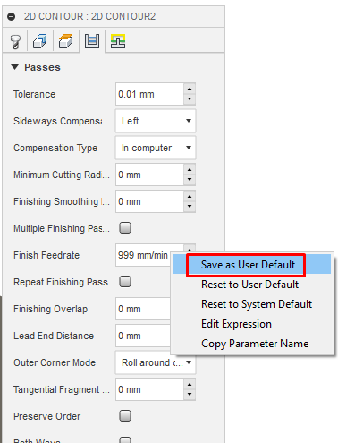 How to save user defined 2D Contour "Finish Feedrate" for any newly created toolpath in Fusion 360