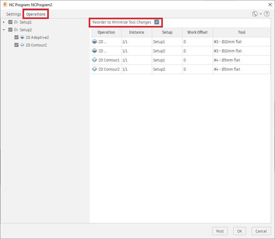 How to reorder toolpath operations in a CAM setup in Fusion