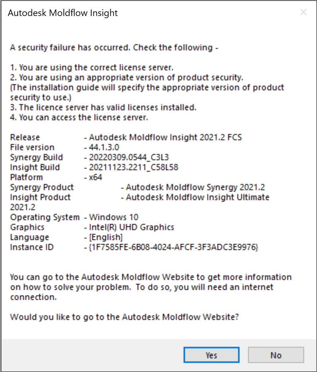 "セキュリティ エラーが発生しました..."Moldflow 2021.1 をアンインストールした後に Moldflow 2021.2 を開くと表示される