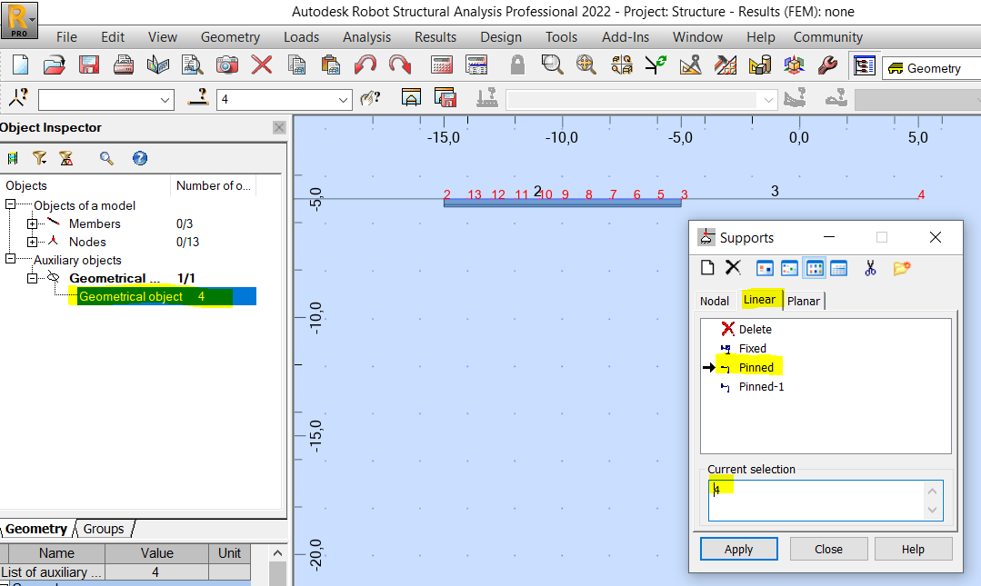 How to define linear support for beam in Robot Structural Analysis