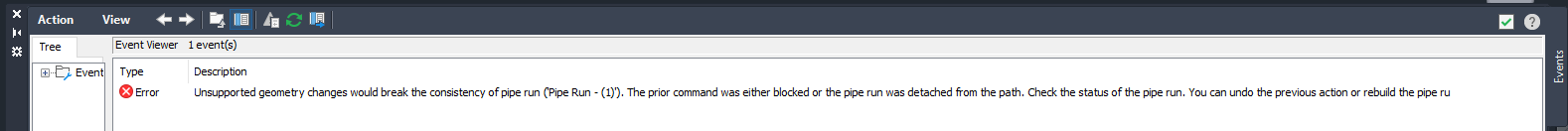 "Unsupported geometry changes would break the consistency of pipe run ('pipe run name'). The ...