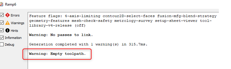 "Warning: Empty toolpath" message calculating Ramp strategy inside of boundary in Fusion 360