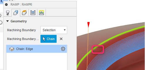 Recommended finishing strategy for machining radius on model in Fusion 360.