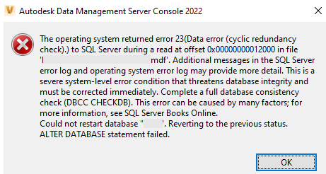 "The database '%DATABASENAME%' is offline" when logging into Vault