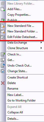 The 'new standard folder' and other data standard actions are missing ...