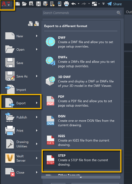 AutoCAD Mechanical에서 STEP-내보내기 명령이 누락되었습니다.