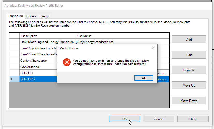Revit displays permissions errors when changing or using the Model Reviewer
