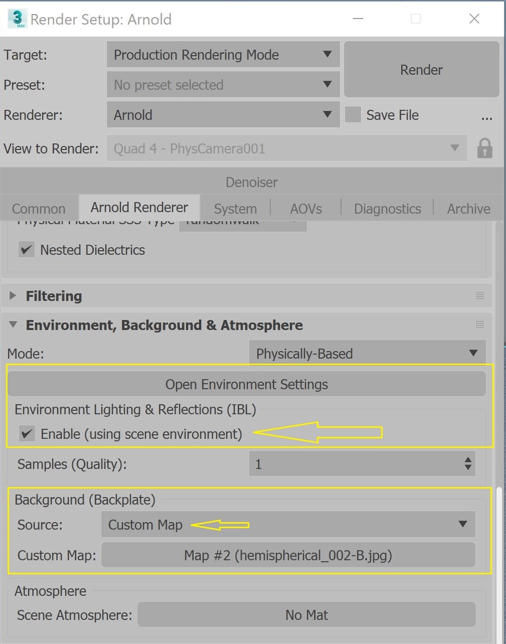 在 3ds Max 中使用 Arnold 时，无法将环境位图与太阳定位器一起使用