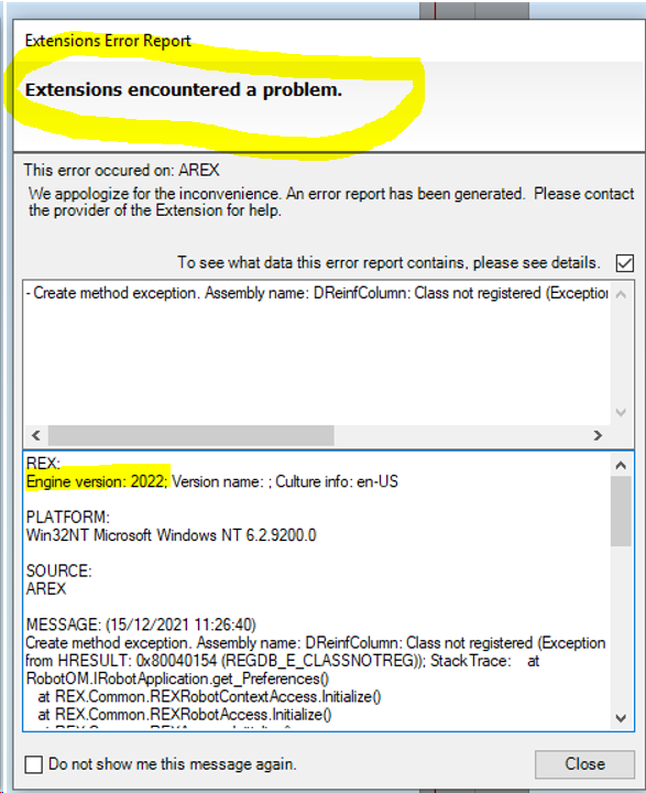 "Extensions encountered a problem" reported while member export to RC provided reinforcement ...