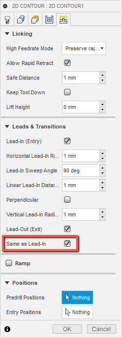 Fusion Help | How to set a different lead-in to lead-out on a 2D Contour toolpath in Fusion 360 ...