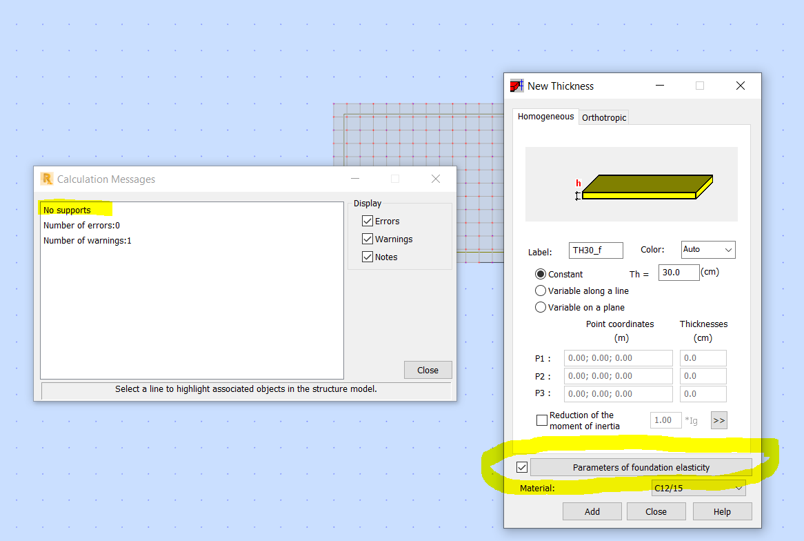 "No supports" warning while model calculation supported by slab with ...