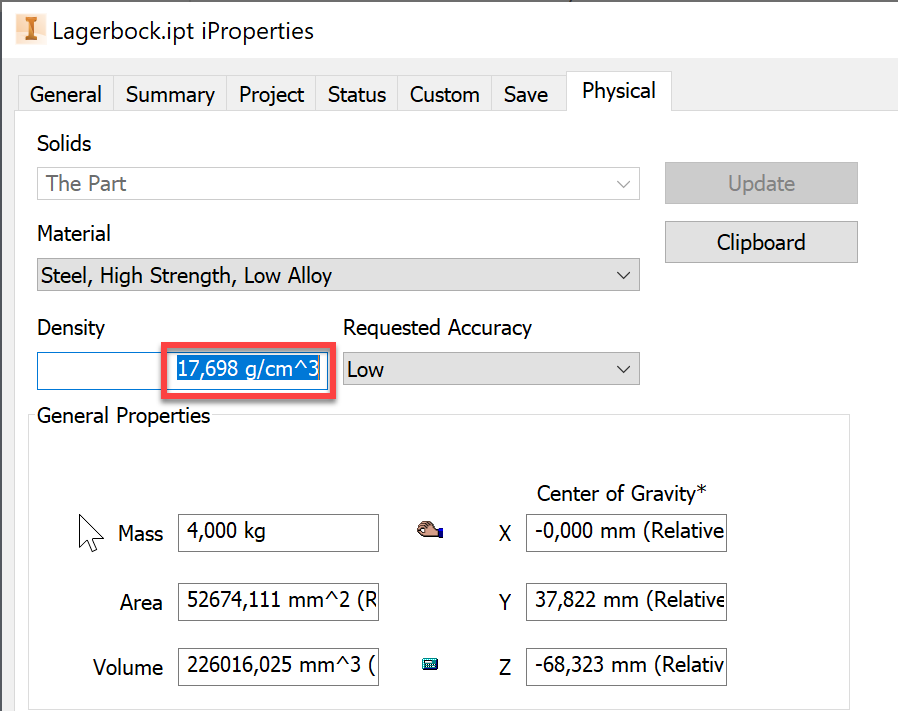 Inventor Stress Analysis does not use overwritten mass of imported components