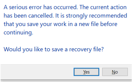 "A serious error occurred. The current action has been canceled. It is ...