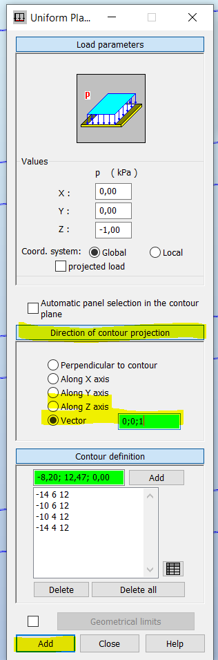 How to define projection vector to distribute contour planar load downwards to multiply panels ...