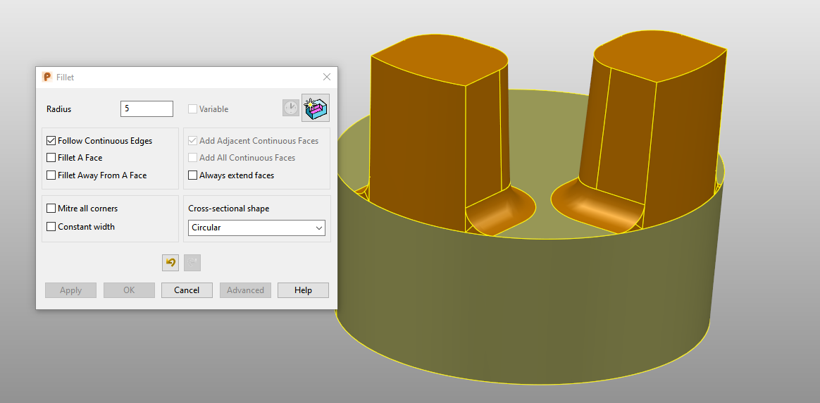 Solid fillet radius fails in Powershape