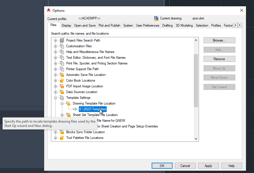 How to set the drawing template file location in AutoCAD