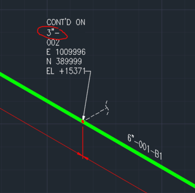 Continuation annotation shows the nominal size of the pipe in the same drawing in AutoCAD Plant 3D