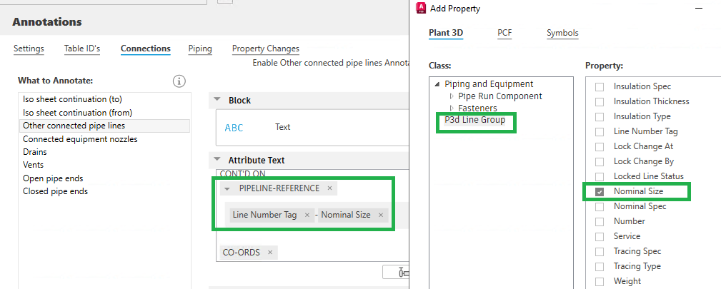 Continuation annotation shows the nominal size of the pipe in the same drawing in AutoCAD Plant 3D