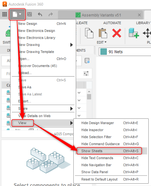 The sheet panel for selecting PCB schematic pages is missing in Fusion 360