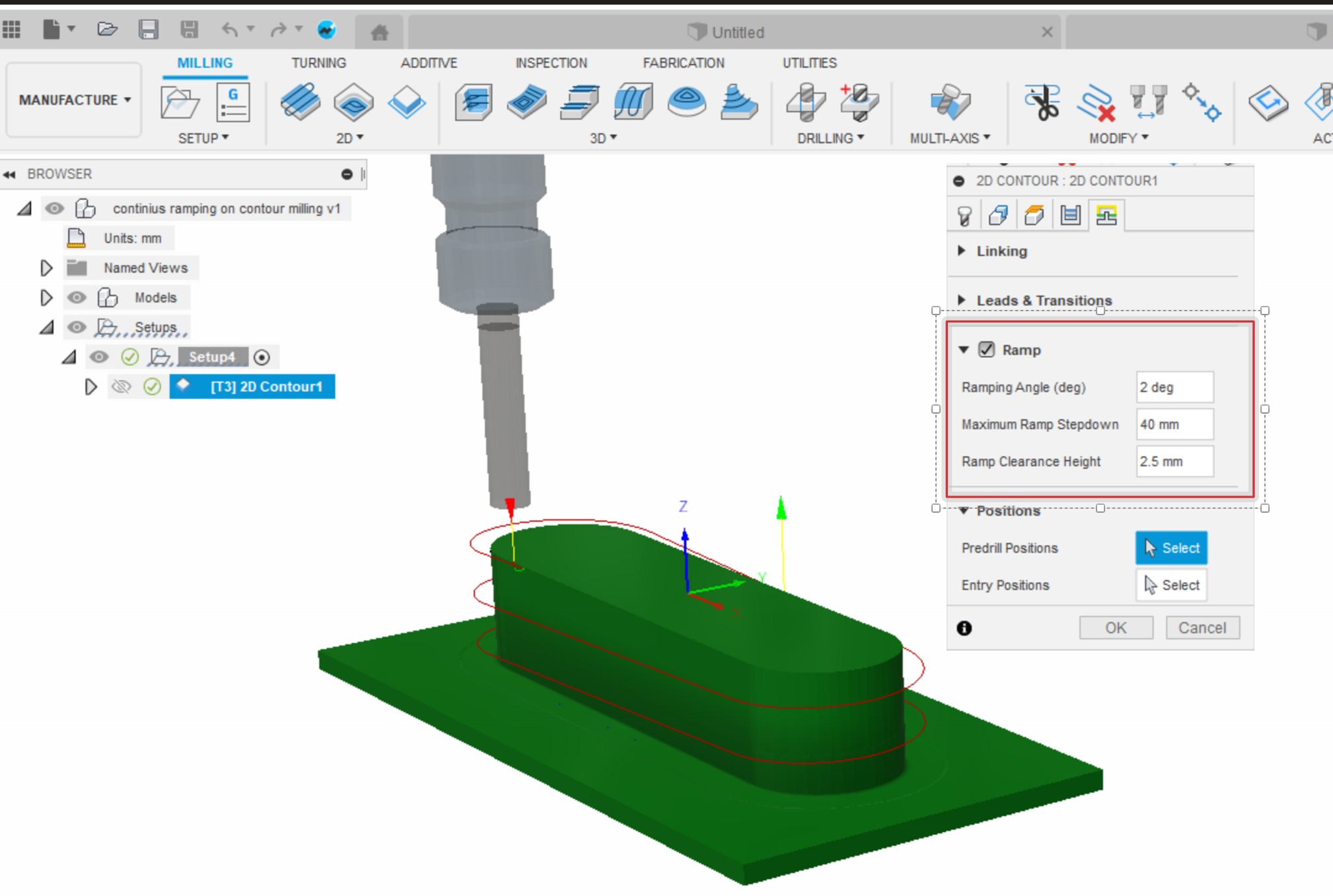 How To Get A Constant Ramp In The Material Along A Contour In Fusion 360