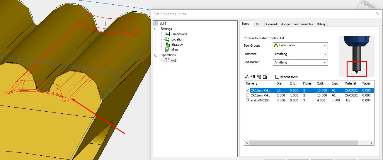 Slot feature appears reversed when using form tool in FeatureCAM