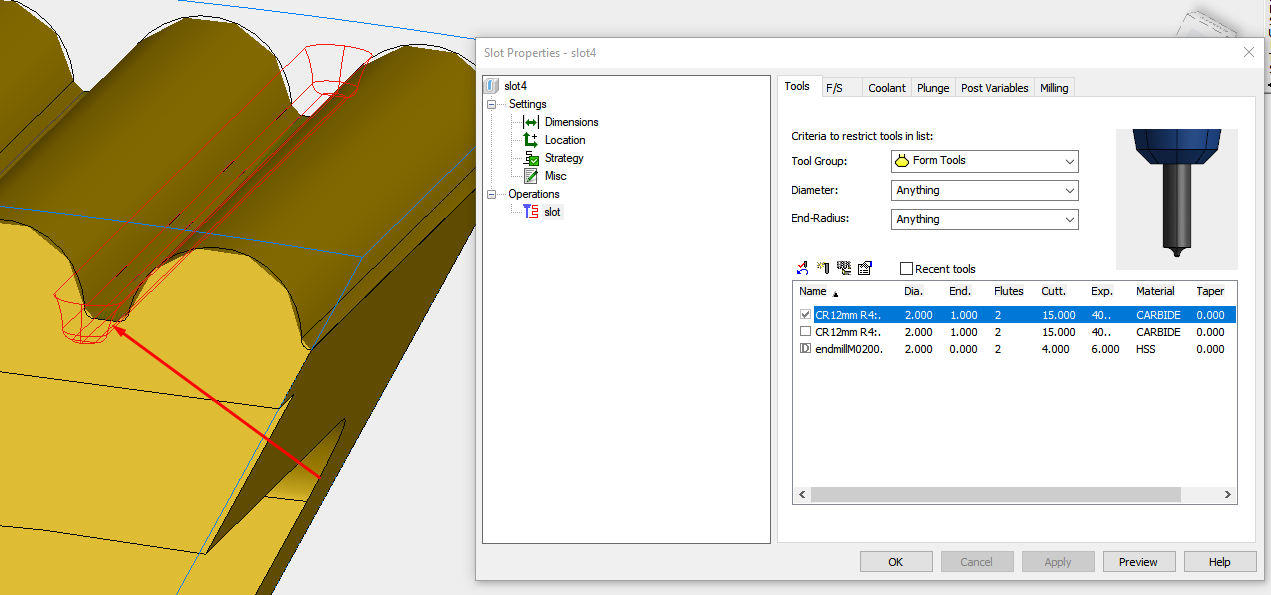 Slot feature appears reversed when using form tool in FeatureCAM