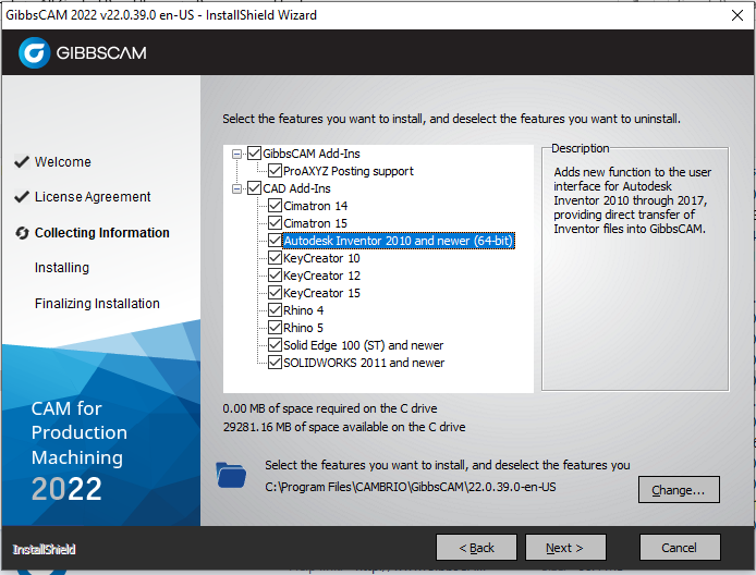 Wird GibbsCAM 2022 von Inventor 2022 oder 2023 unterstützt?