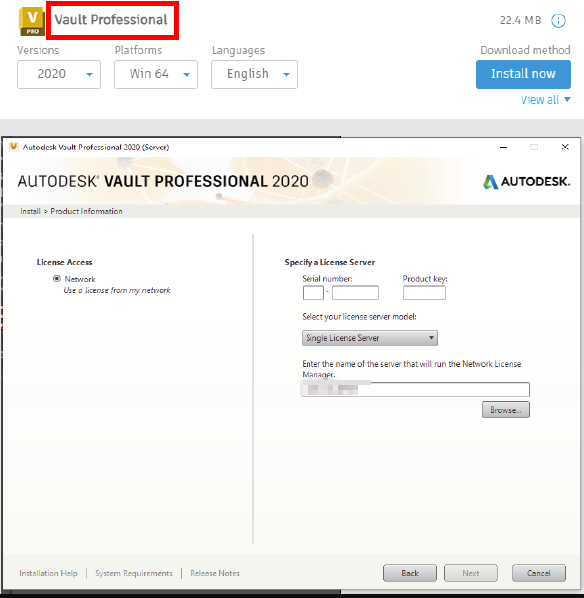 Autodesk Account에서 Vault Professional을 설치한 후 공유 서버에 참여할 수 없습니다.