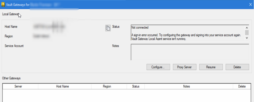 "Not Connected A sign-in error occurred..." appears and Vault Gateway stops functioning