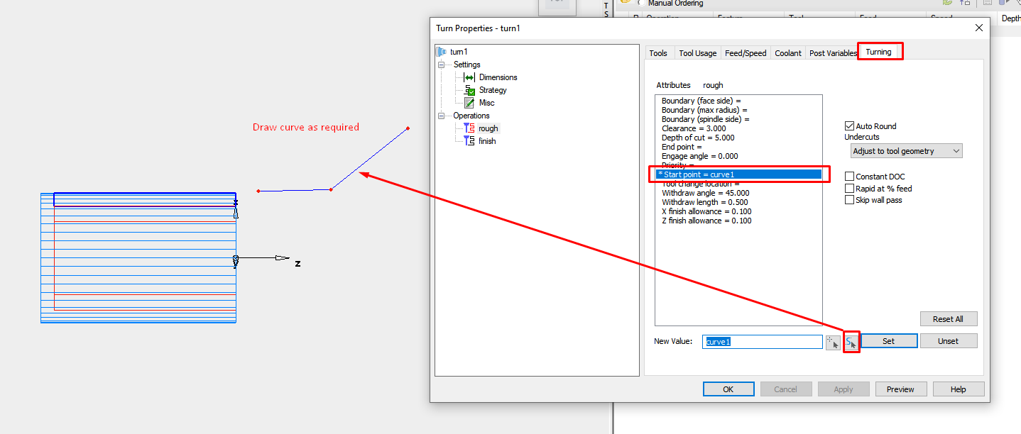 Positioning the turning tool before cutting operation begins in FeatureCAM?