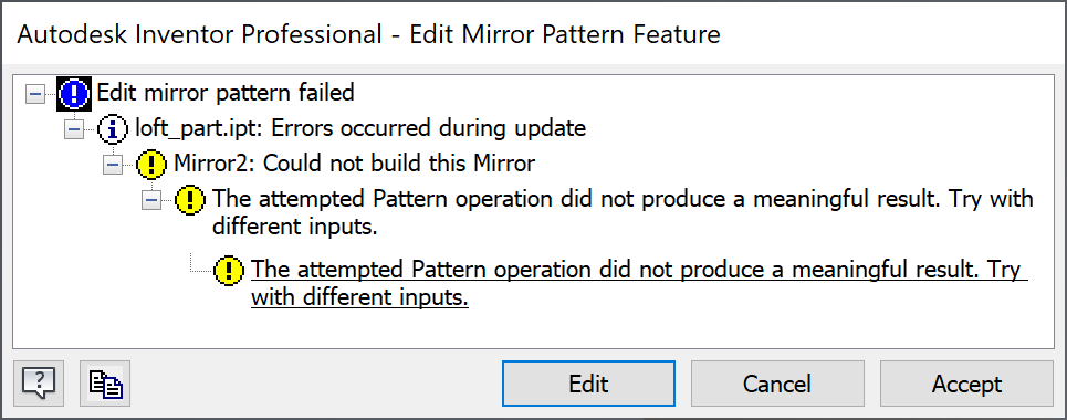尝试在 Inventor 中镜像放样实体时显示“创建镜像阵列失败”