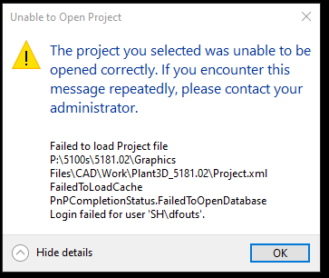 Cannot open AutoCAD Plant 3D SQL Server project because of sign in failure