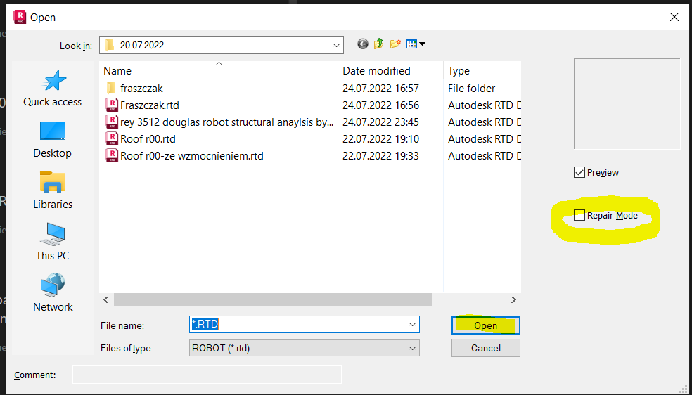 "Unspecified error" while RTD file opening in never version of Robot Structural Analysis