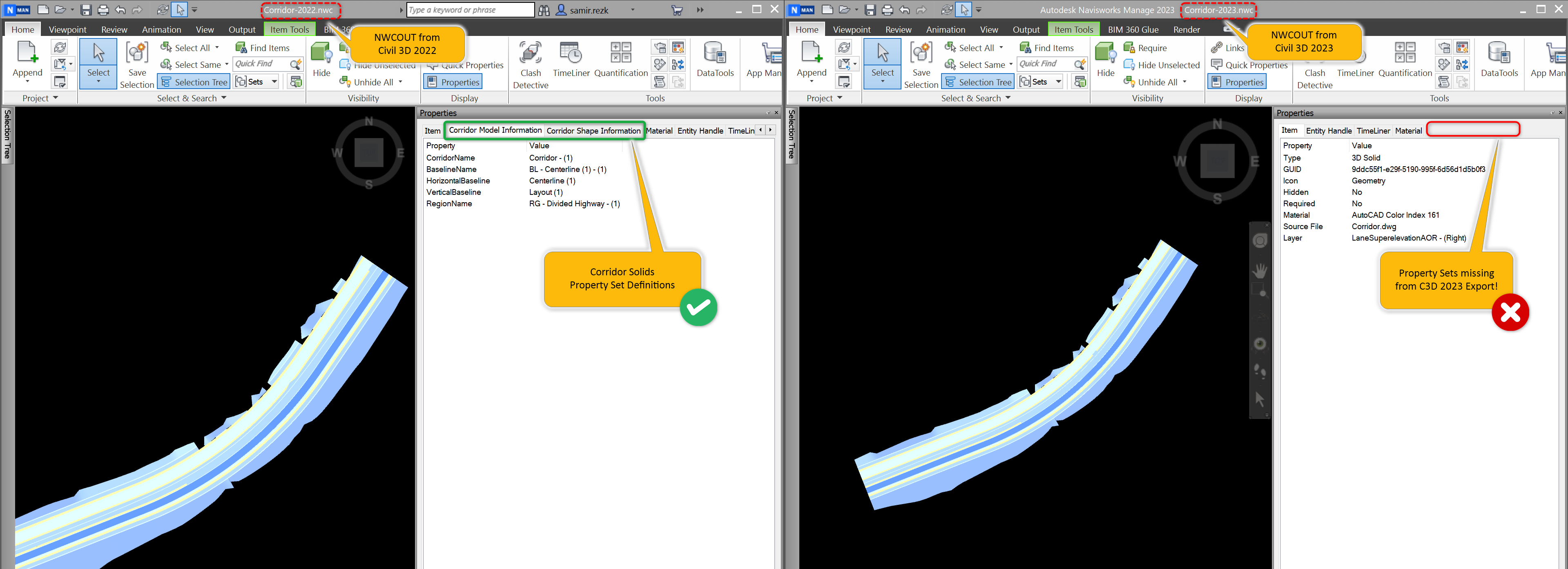 NWCOUT command does not export assigned Property Set data to items in Civil 3D