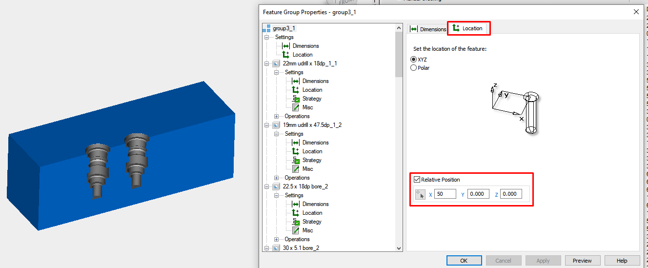 A feature from the Part library gouges in its new location in FeatureCAM.