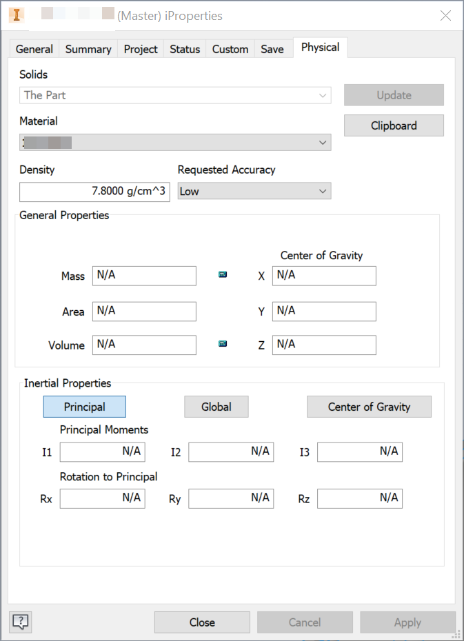 Applying a fillet to an Inventor part leads to missing physical properties