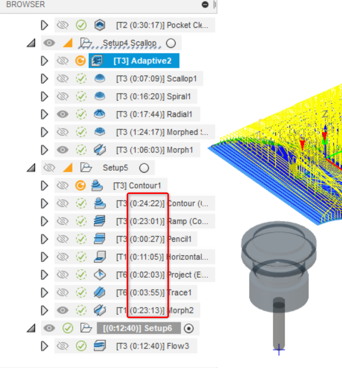 How to remove or show machine time next to a toolpath in Fusion