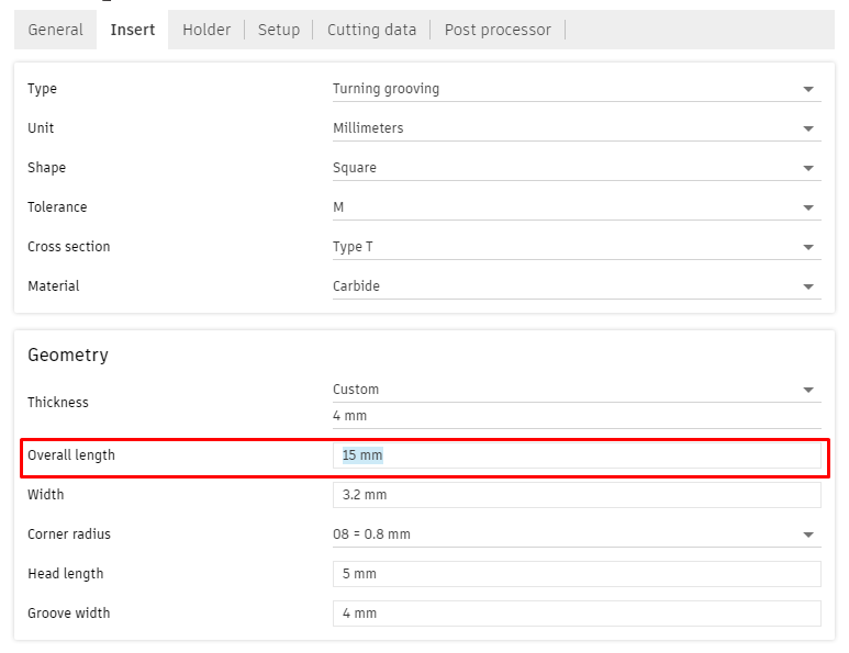 How to extend the insert length of a grooving tool in Fusion.