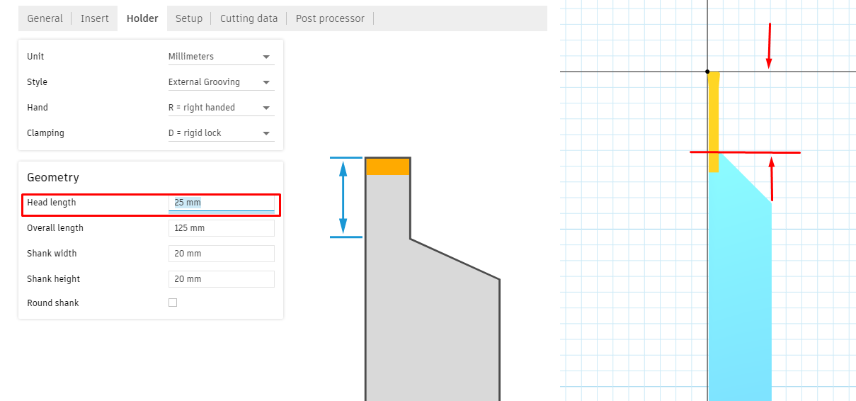 How to extend the insert length of a grooving tool in Fusion.