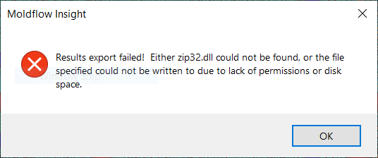 "Results export failed! Either zip32.dll could not be found..." when exporting Moldflow results ...