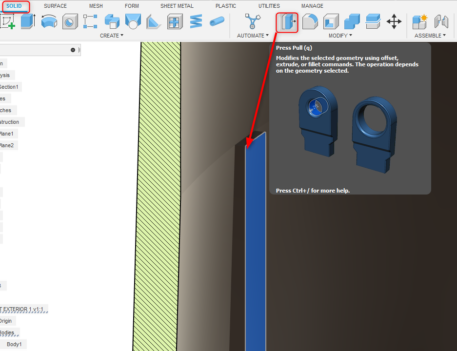 How to extrude using Press-Pull parts of solid body CAD model in Fusion.