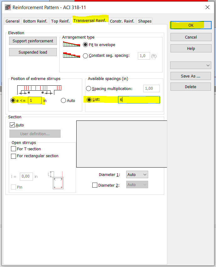 Different stirrup distribution when comparing required and provided concrete beam reinforcement ...