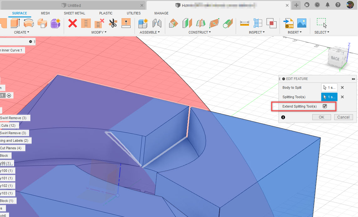"No intersection between target(s) and split tool" using Split command in Autodesk Fusion