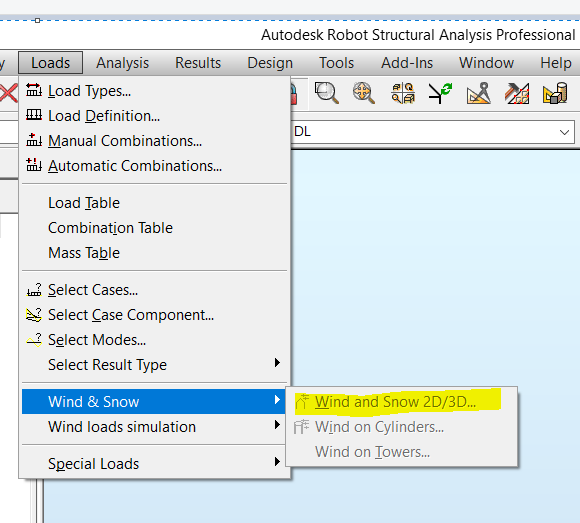 Wind and Snow 2D/3D load option not active for 3D model in Robot Structural Analysis