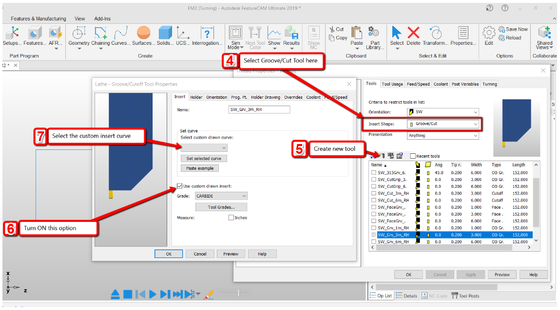 How to define a custom insert turning tool for threading features in FeatureCAM