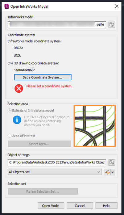 在Civil 3D中打开InfraWorks模型时，无法识别坐标系