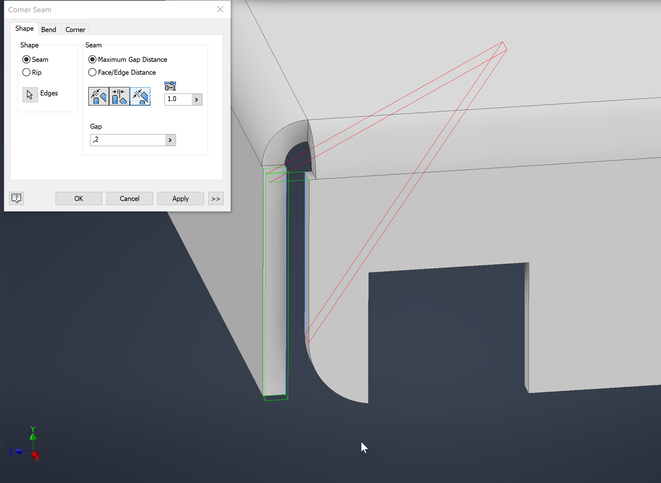 Inventor 中未按预期显示拐角接缝的预览