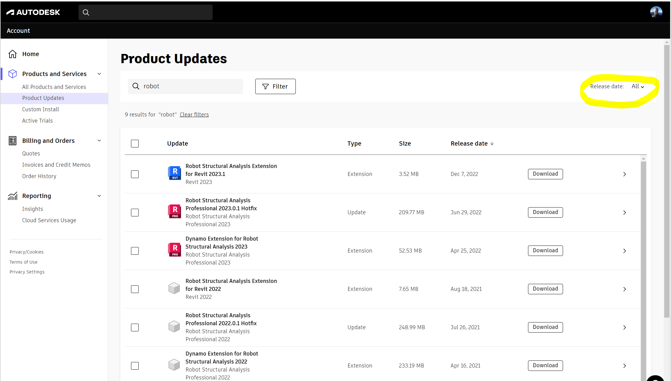 Autodesk Account for Robot Structural Analysis에 필수 업데이트가 표시되지 않음