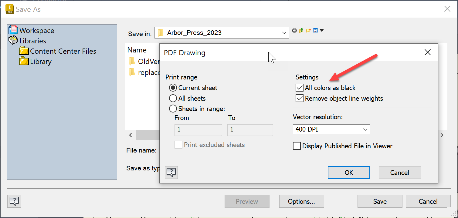 Enabling 'All colors as black' when exporting an Inventor drawing as PDF leads to white solid ...