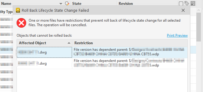 "One or more files... File version has a dependent parent..." when using roll back lifecycle for ...
